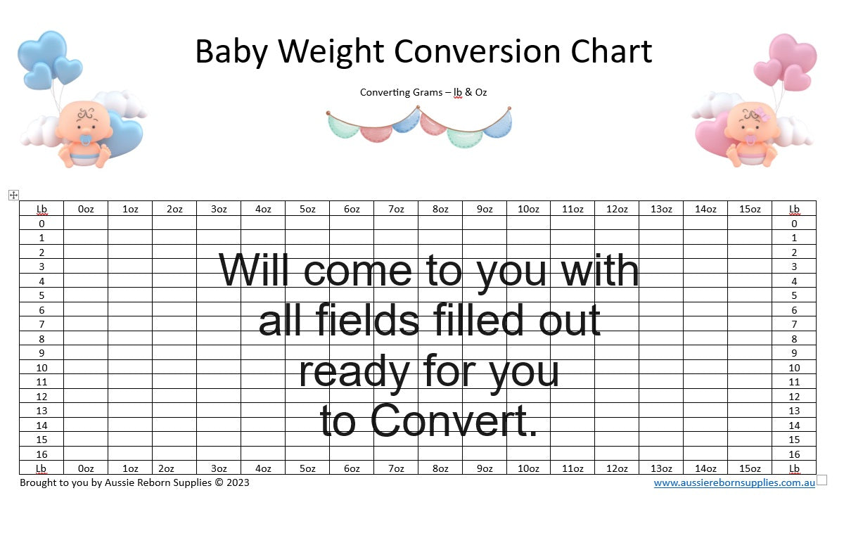 Baby Weight Conversion Chart Convert Grams - Lbs & Ozs Reuse Reborn Su ...